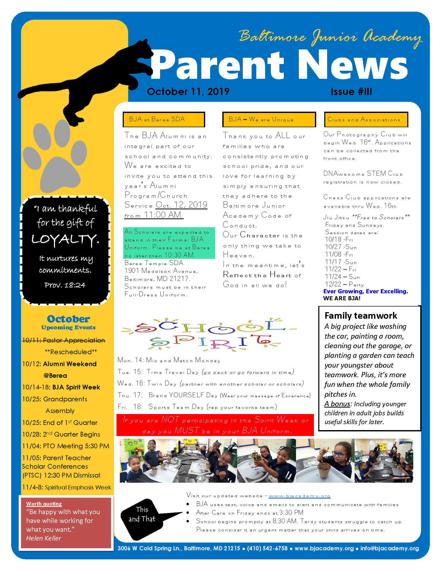 Baltimore Junior Academy | Parent News October 11, 2019