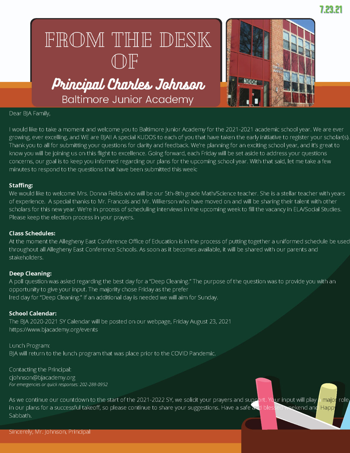 Baltimore Junior Academy | Parent News July 2021 to Nov 2021